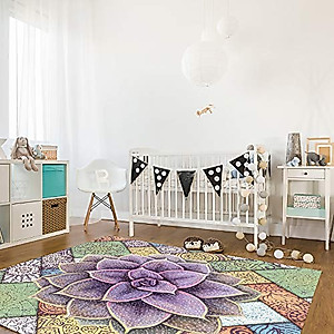 Mandala Pattern Backdrop Purple Succulent Pot Plant Area Rug 2'7"x5',Outdoor Indoor Small Carpet Runner for Kids Teen Girls Boys Bedroom,Living Room,Bathroom,Classroom,Office,Kitchen,Washable Area+Rug