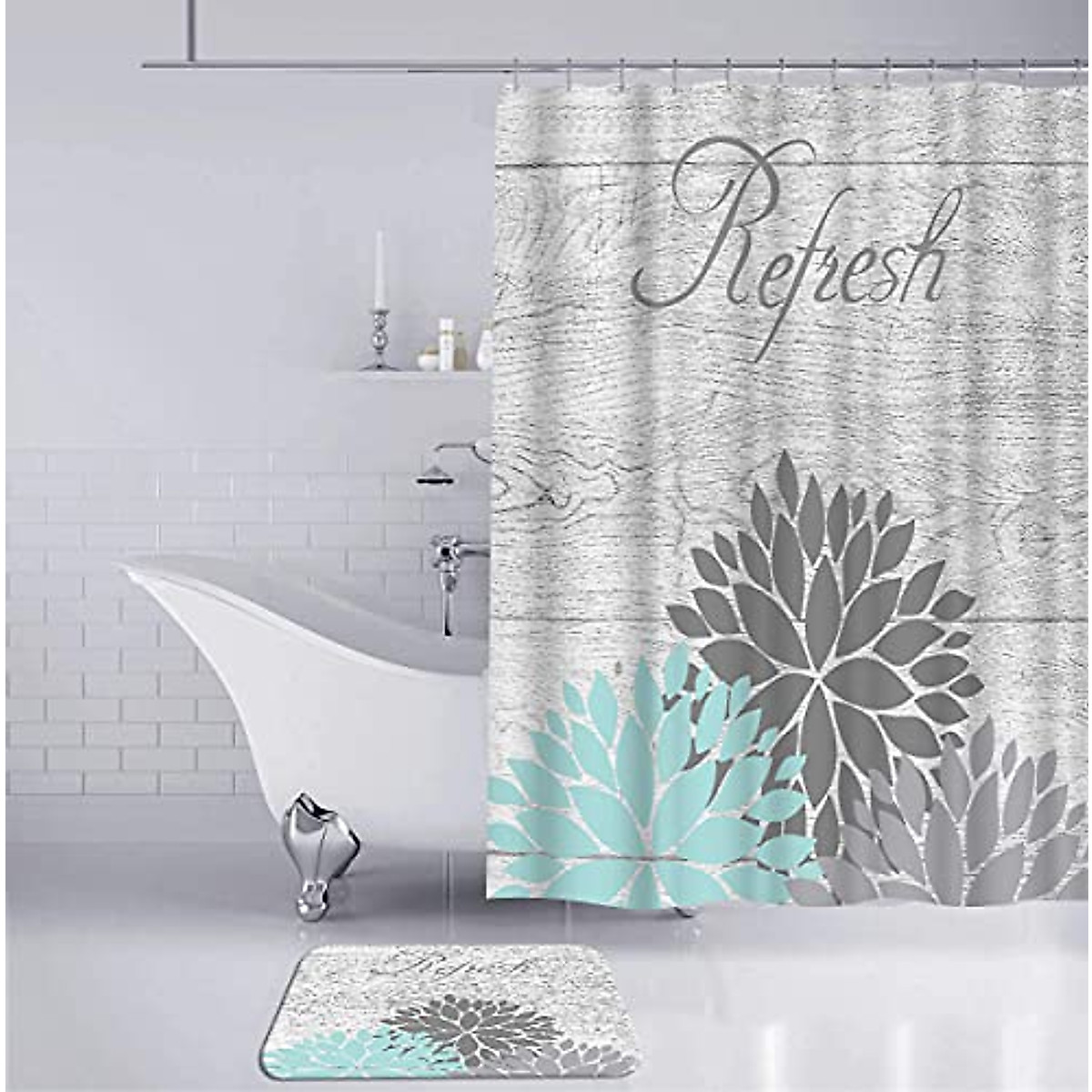 DuoBaorom 4 Pieces Set Teal and Grey Flower Shower Curtain Set Dahlia Floral Relax Sign Picture Print on Non-Slip Rugs Toilet Lid Cover Bath Mat and Bathroom Curtain with 12 Hooks 72x72inch