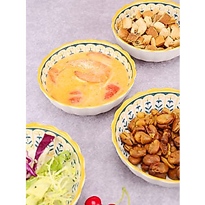 bozopion 22 oz Ceramic Soup Bowls,Set of 4,Wavy Rim Pattern Porcelain Bowls for Kitchen,White Blue and Yellow Cereal Bowls