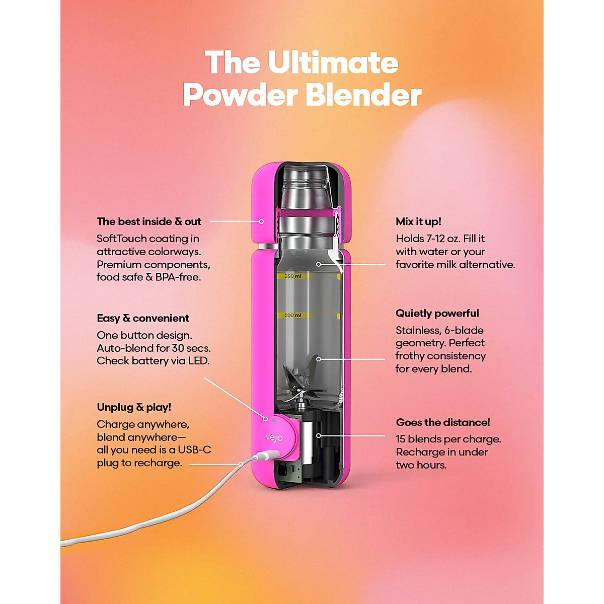 Vejo Personal Blender Powder-Powered Blending System | No Shaking | No Clumps | No Prep | Easy One-Button Design | USB Rechargeable Blender | Black