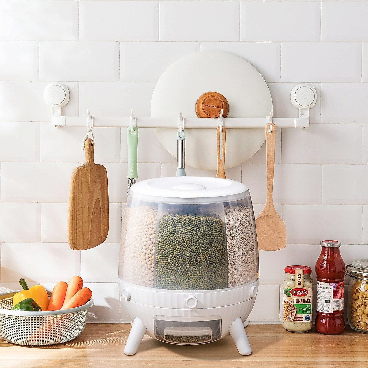 LOYALHEARTDY 6-Grid Rice Dispenser 360° Rotating Rice Grain Dispenser Dry Grain Storage Container Tank Food Dispenser Kitchen for Grains, Rice, Beans, Coffee Beans