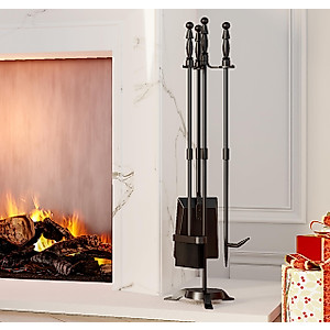 Fire Beauty Fireplace Tools Set 4 Pieces Black Wrought Iron Fire Tool Set for Outdoor/Indoor Include Poker, Shovel, Brush and Stand Accessories Set