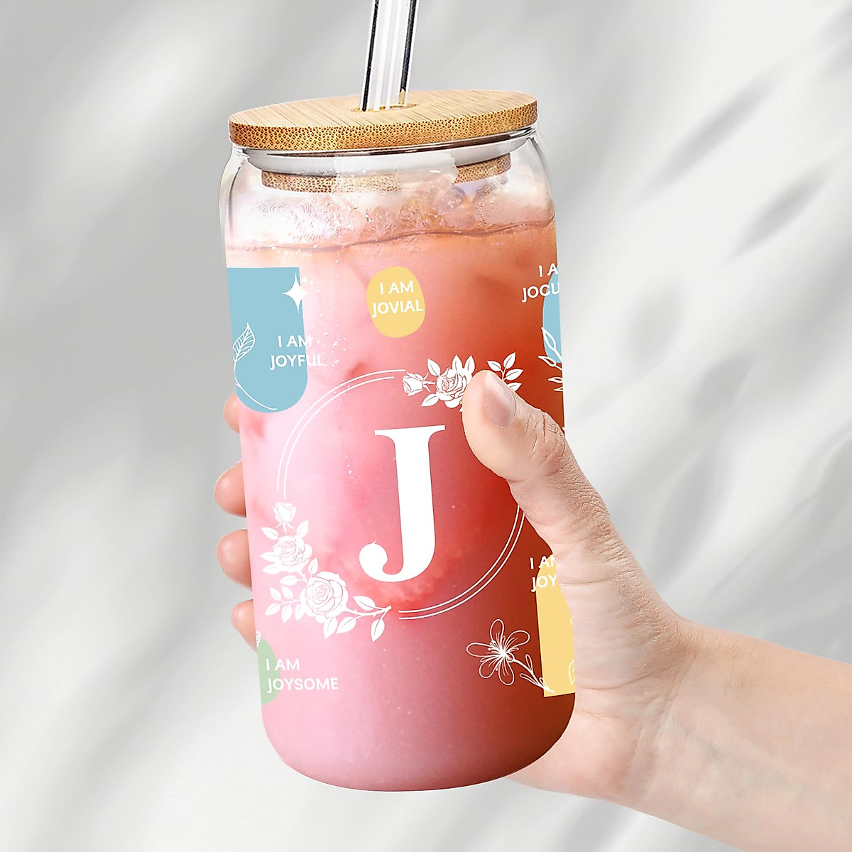 Initial Glass Cups with Lids and Straws, Personalized Gifts for Women 18 oz Iced Coffee Cup Glass Tumbler, Cute Glass Cups Inspirational Birthday Christmas Gifts for Women Girls (J)