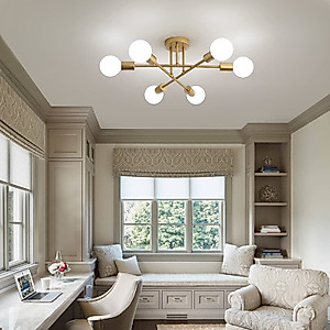 MEIXISUE Gold Modern Sputnik Chandelier Ceiling Light Fixtures,6-Lights Industrial Metal Semi Flush Mount Ceiling Light for Bedroom Dining Room Living Room Kitchen Hallway UL Listed