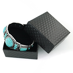 jianxi Women's Antique Rgentium Plated Base Heart Compressed Turquoise Bracelet Cuff Bangle Fashion Jewelry (1323-A)