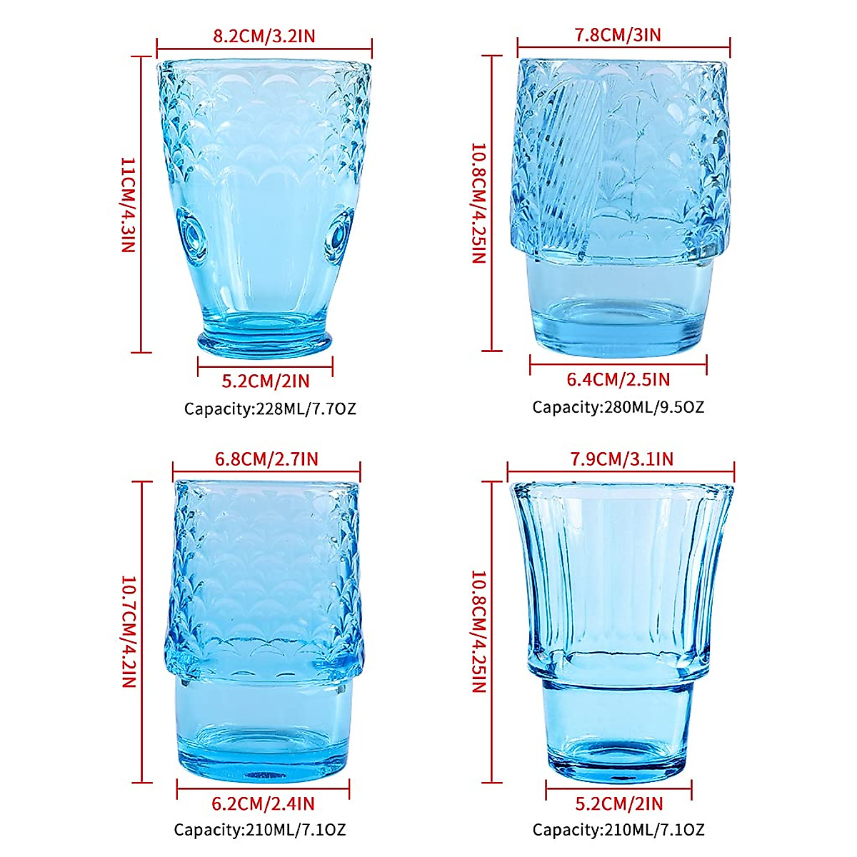 MDLUU Fish Design Tumbler Glasses, Stackable Drinking Glasses, Colored Glass Beverage Cups, Nautical Glassware for Gift, Set of 4 (Blue)