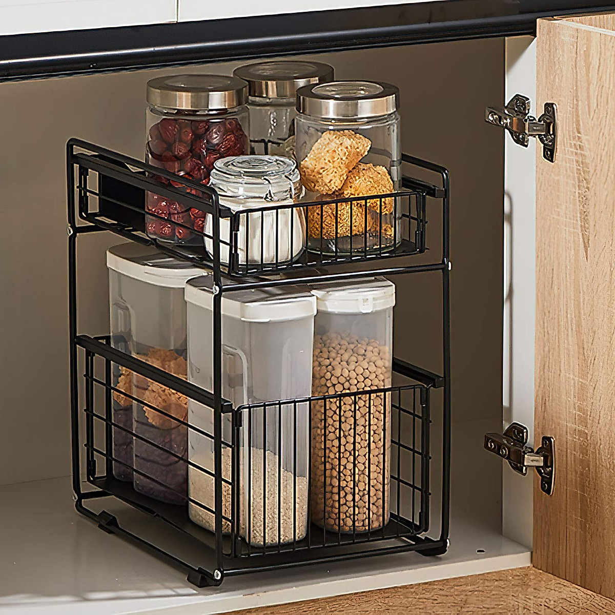 2 Tier Sliding Cabinet Basket Drawer Sliding Basket Under Sink Cabinet Storage Shelf for Kitchen Countertop Pantry Bathroom Office Desktop - Black