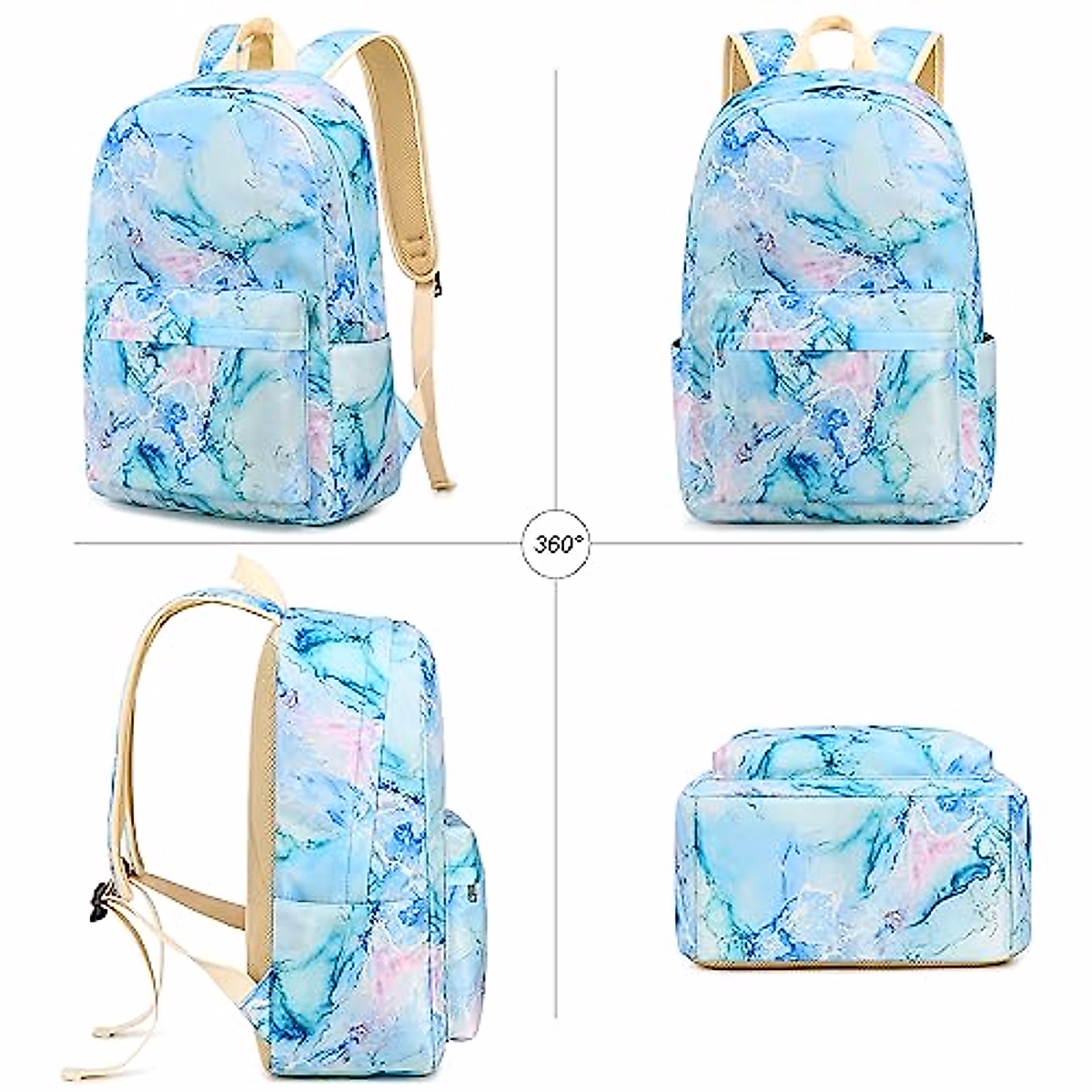LEDAOU Backpack for Girls School Bag Kids Bookbag Teen Backpack Set Daypack with Lunch Bag and Pencil Case (Marble Purple Blue Green)