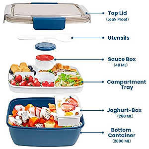 Bugucat Bento Box 64OZ, Lunch Box Salad Lunch Container with Yogurt Box and 4 Compartment Tray, Salad Bowl with Dressing Container, Built-in Reusable spoon Meal Prep to Go Containers for Fruit Snack
