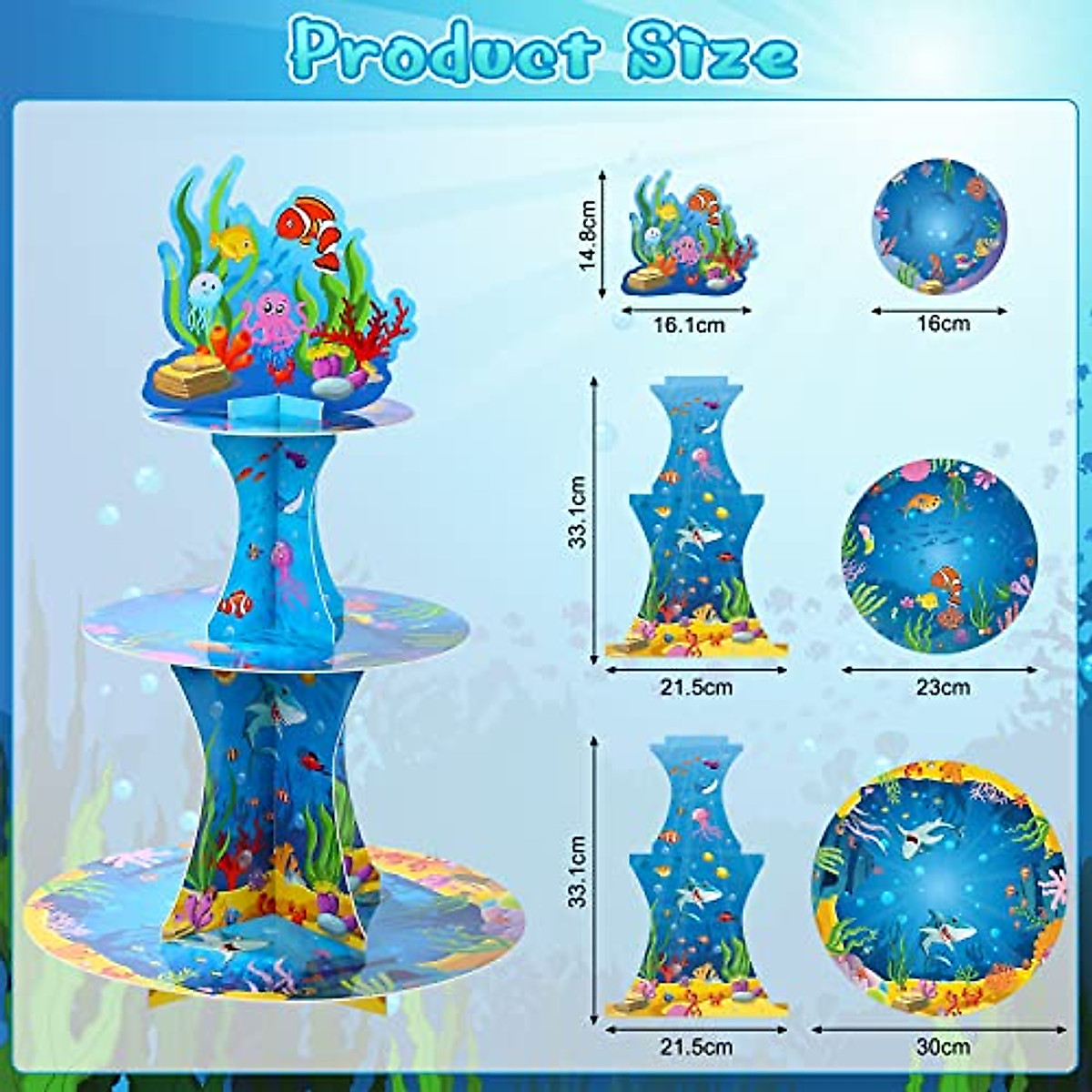 3 Tiers Under The Sea Cardboard Cupcake Stand Ocean Birthday Party Decorations Dessert Cupcake Stand Holder for Sea Creature Shark Party Tropic Fish Beach Party Baby Shower Supplies