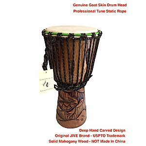 JIVE Djembe Drum African Bongo Congo Wood Drum Deep Carved Solid Mahogany Goat Skin Professional Quality 16" High (Turtle)