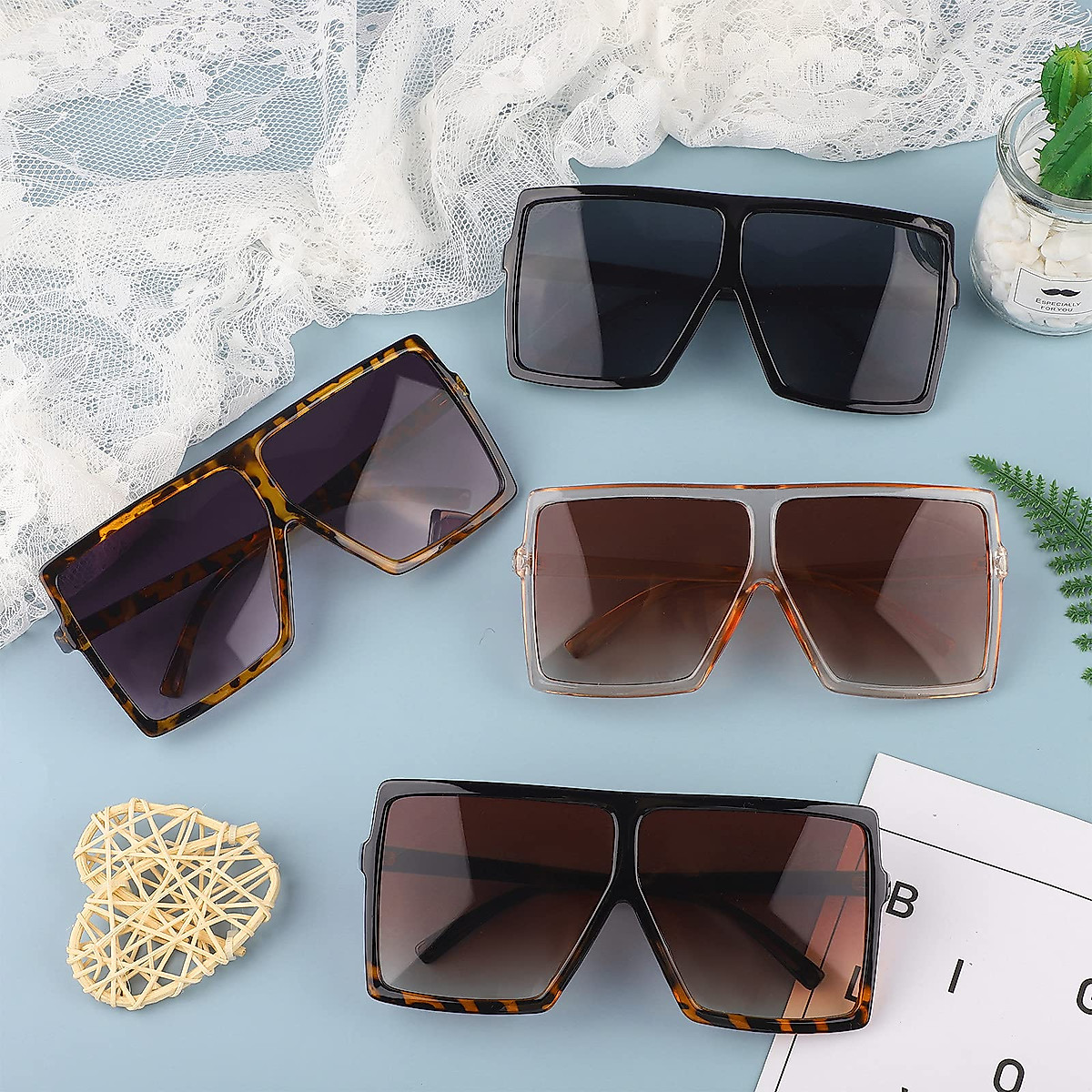 URATOT 4 Pieces Oversized Square Sunglasses Big Women Sunglasses Retro Flat Top Fashion Shades Sunglasses