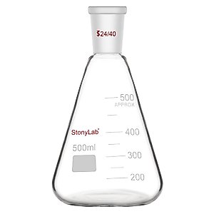 StonyLab Glass 24/40 Erlenmeyer Flask, Borosilicate Glass Heavy Wall Flask with 24/40 Standard Taper Outer Joint, 500ml