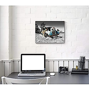 SunFlax Car Picture Canvas Wall Art - Rusty Blue Truck Picture Country Painting Vintage Black and White Print Rustic Farmhouse Artwork for Bedroom Bathroom Office