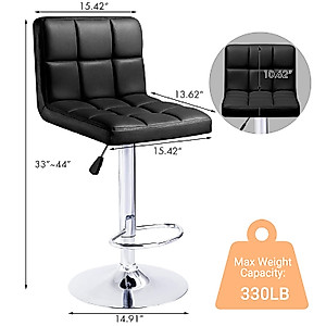 KaiMeng Bar Stools Modern Square Counter Height Barstool 22" to 33" PU Leather Swivel Adjustable Stool with Back Set of 2 for Kitchen Dining (Black)