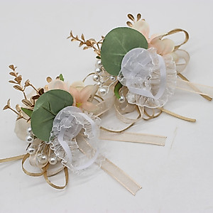 YOKOKE 2 Corsages, Handmade Artificial Peony Rose Wrist Corsage Wristlet Wedding Prom Suit Decorations (2 Gold Wrist Corsage)