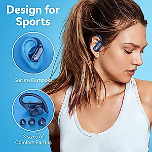 GNMN Bluetooth Headphones Wireless Earbuds 48hrs Playback IPX7 Waterproof Earphones Over-Ear Stereo Bass Headset with Earhooks Microphone LED Battery Display for Sports/Workout/Gym Blue