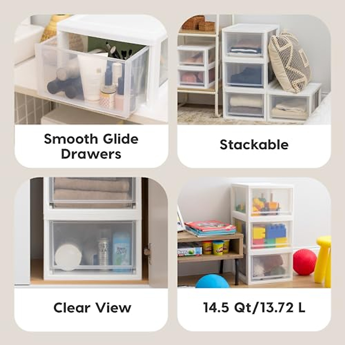 IRIS USA 14.5 Qt. Medium Plastic Stacking Drawer, Stackable Storage Organizer Unit with Sliding Drawer for Bedroom Kitchen Under Sink Pantry Craft Room Dorm Office, White, 3-Pack