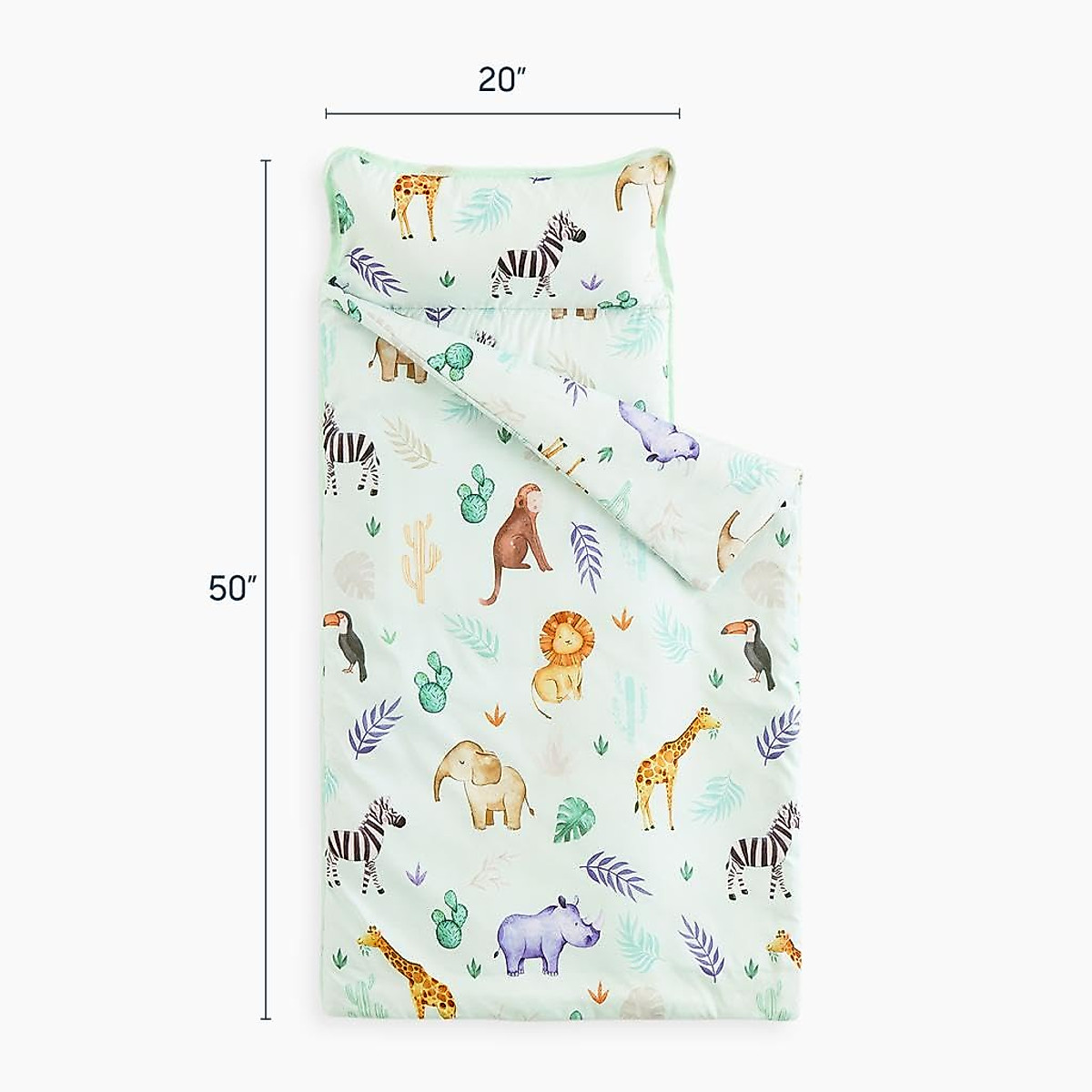 Wake In Cloud - Nap Mat with Removable Pillow for Kids Toddler Boys Girls Daycare Preschool Kindergarten Sleeping Bag, Elephant Lion Zebra Animals Printed on Green,100% Soft Microfiber