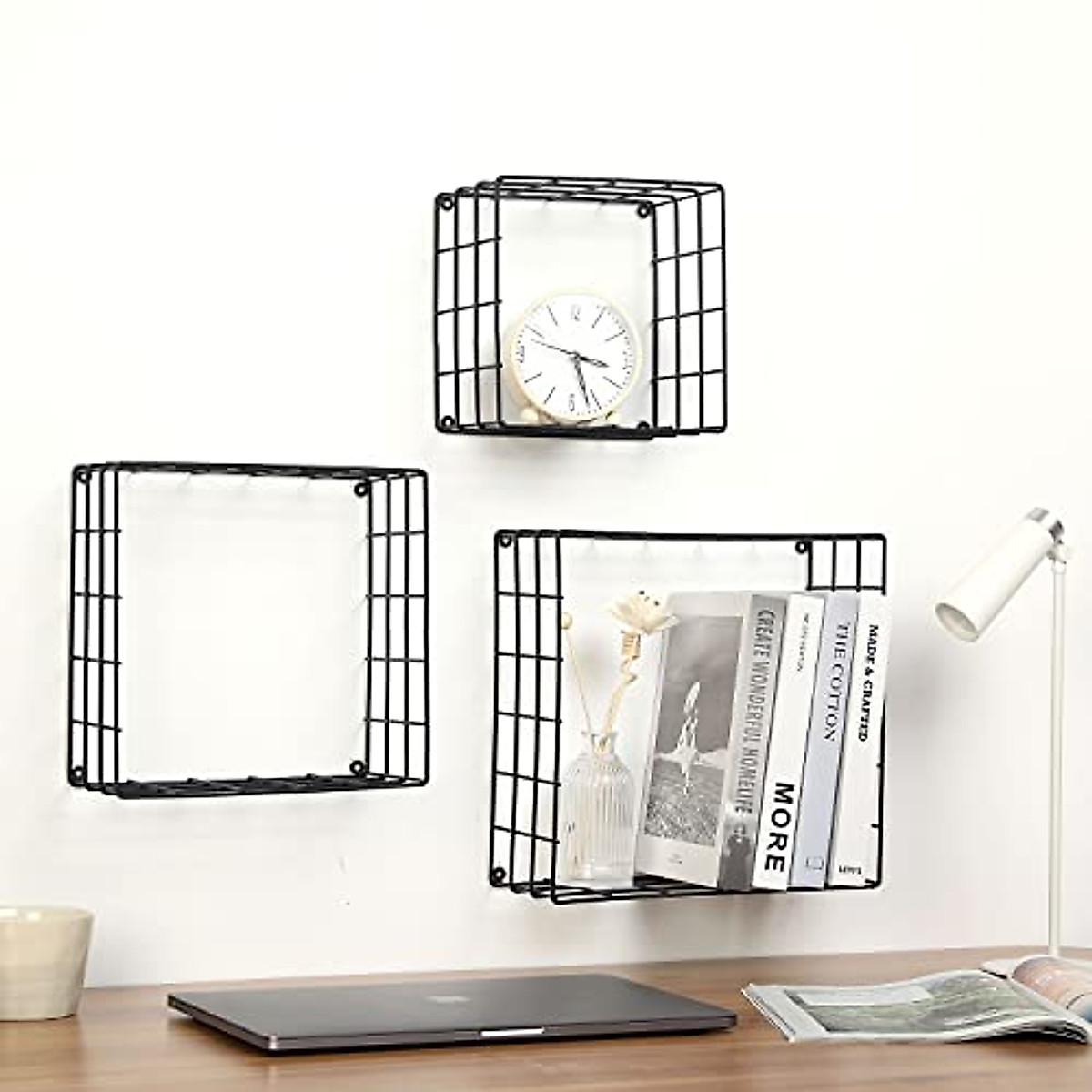 MyGift Modern Matte Black Metal Wire Mesh Wall Mounted Square Shadow Box Style Floating Display Shelves, Set of 3-11 inch, 10 inch, 8 inch