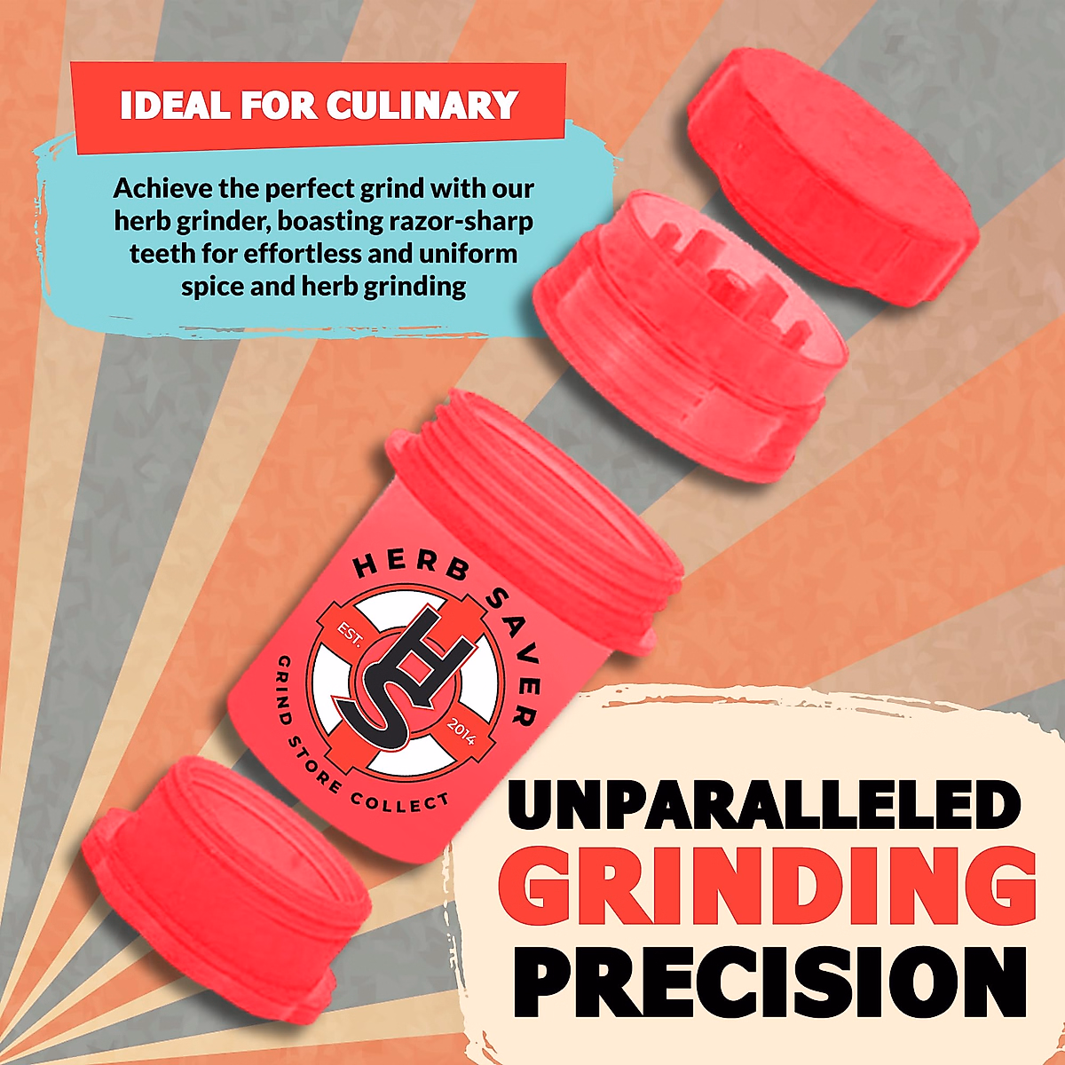 Large HerbSaver Grinder- Medical Grade Plastic Grinder with Razor Sharp Teeth, Pocket-Sized, Durable & Portable - Ideal for Grinding Herbs and Spices (Red)