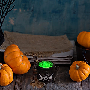 Light Up Cauldron with a Broom Figurine, Freestanding Tabletop Decoration, Halloween or Gothic Décor, 3 Inches