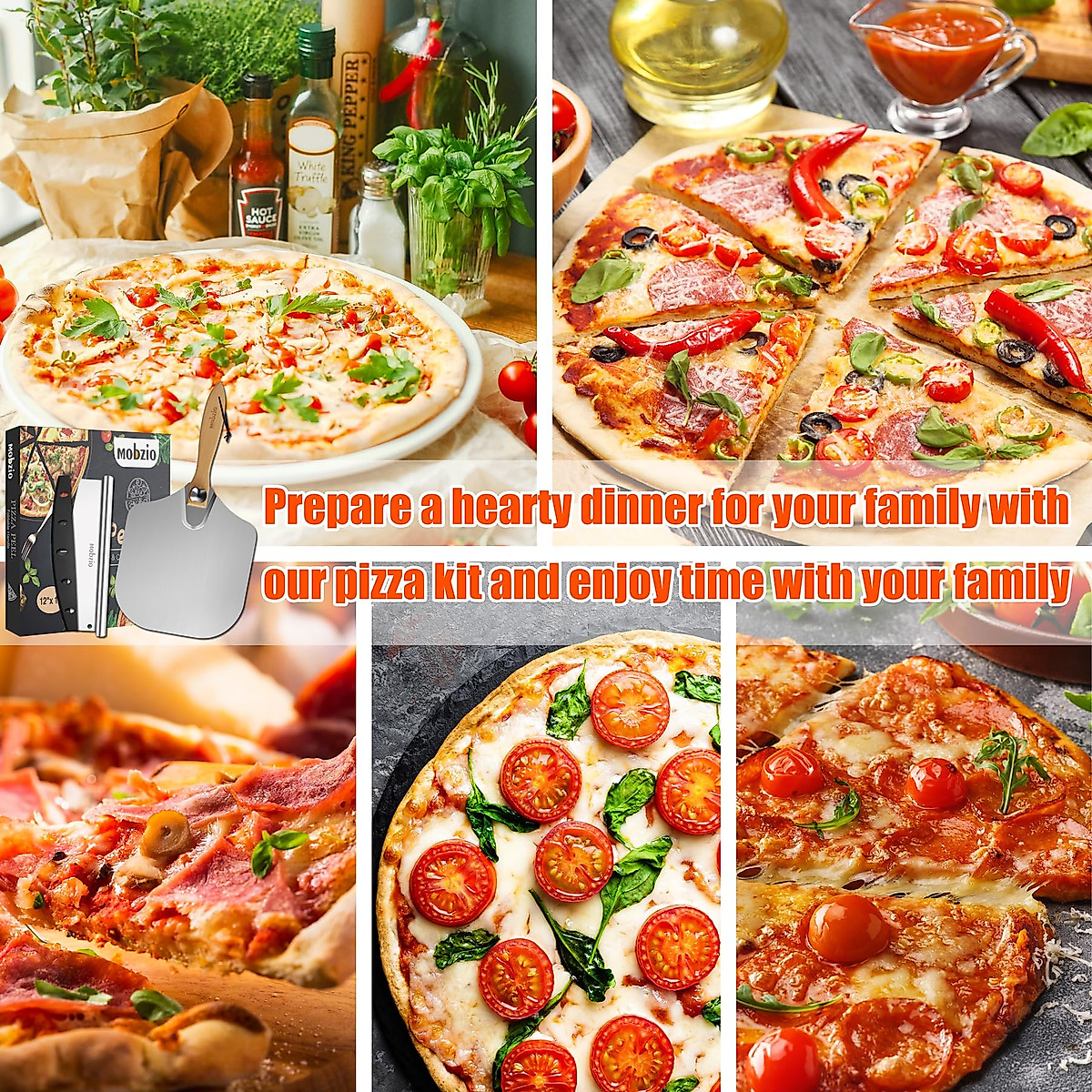 mobzio Pizza Peel Metal Pizza Spatula, Pizza Paddle 12 x 14 inch, Pizza Cutter Rocker, Pizza Paddle with Foldable Handle, Aluminum Pizza Peel Kit for Dough, Bread & Pastry, Pizza Oven Accessories
