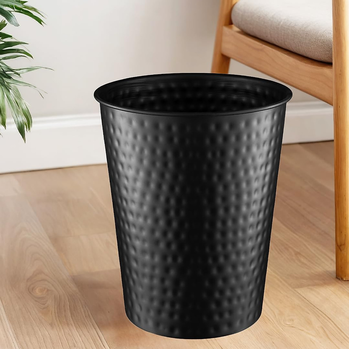 Monarch Abode Matte Black Metal Wastebasket Trash Can, Hand Hammered, Bathroom Decor