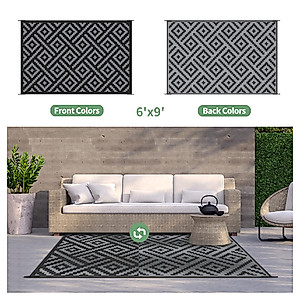 GENIMO Outdoor Rug for Patio Clearance,6'x9' Waterproof Mat,Reversible Plastic Camping Rugs,Rv,Porch,Deck,Camper,Balcony,Backyard,Black & Gray