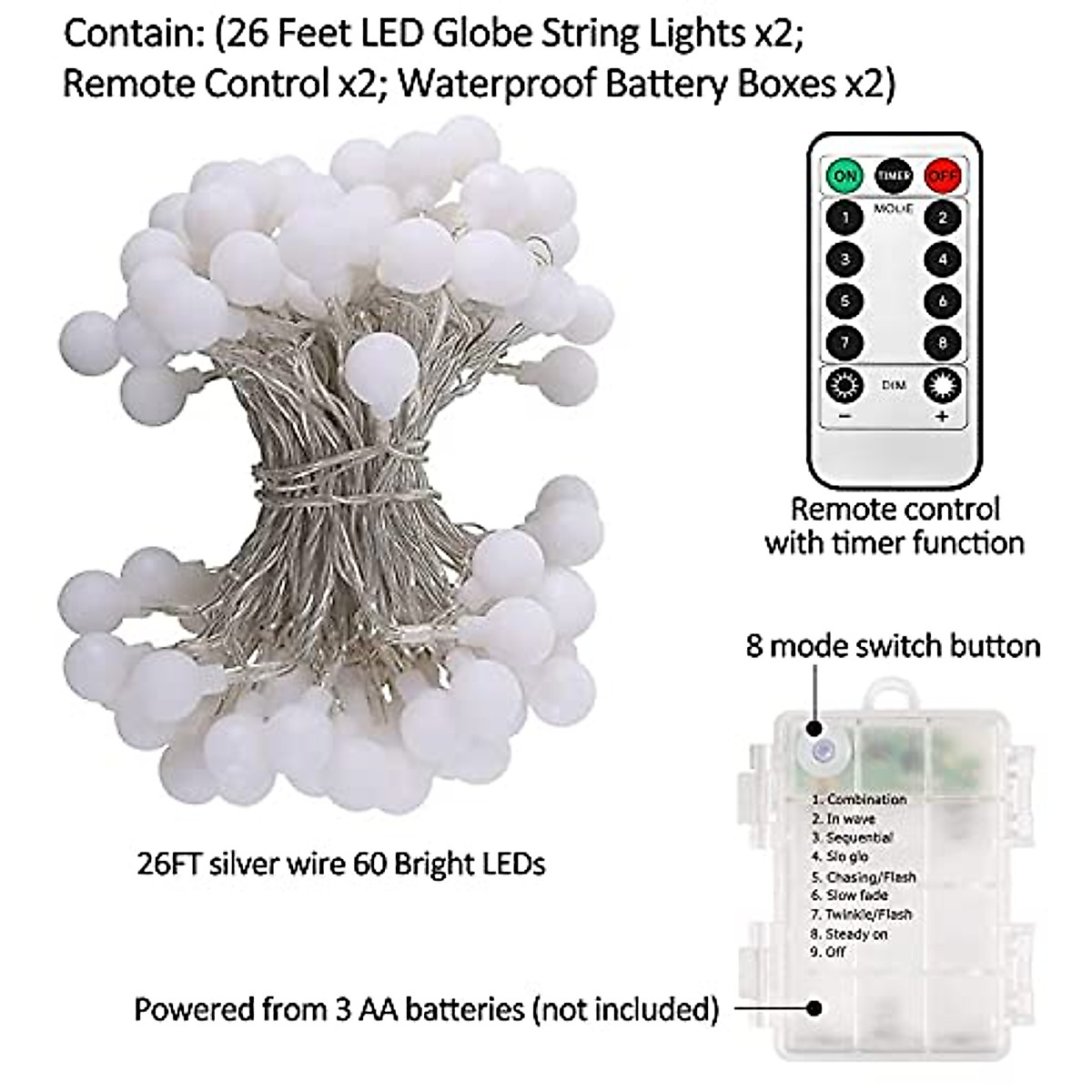 Battery Operated LED Globe String Lights, 2-Pack Total 52FT 120LEDs - Each 26FT 60LEDs 8 Mode Waterproof Christmas Fairy String Lights with Remote for Home Bedroom Garden Wedding Party Decoration