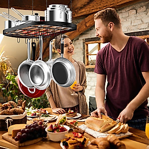 LiebeRen Pot Rack Hanging, Pot Hanger for Kitchen Ceiling, Hanging Pot Rack Ceiling Mount（33"x 16.5"x 1.2"inches, Ceiling Pot Rack with 12 Hooks, Pot and Pan Hanger Made of Wood and Iron.(Black)