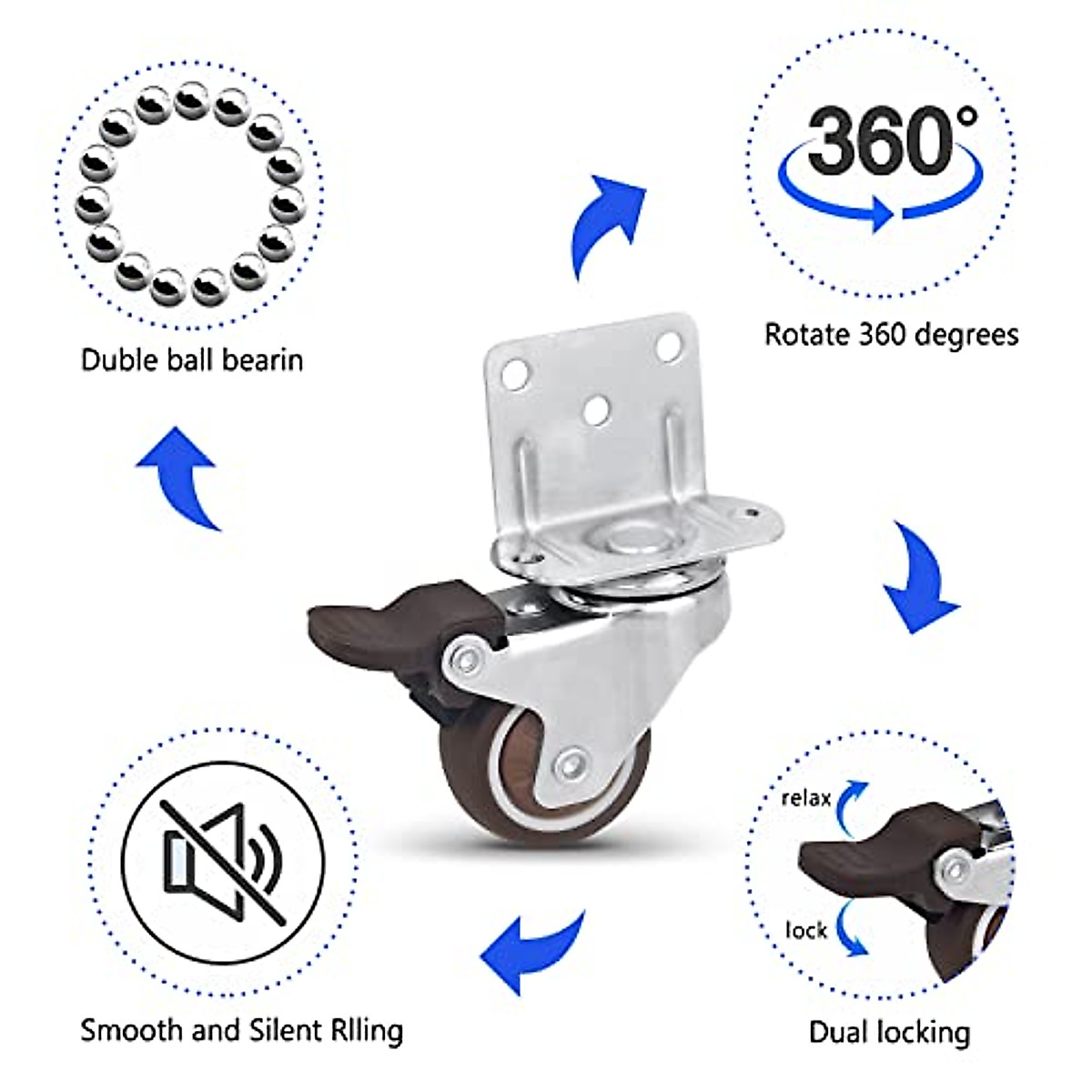 Side Mount Casters Set of 4 with Brake,1.5inch L-Shape TPR Plate Casters,Small Wheels for Furniture Wheels, Baby Bed, Suitcase, Cabinet Wheels, Table Casters, Loading Capacity 200 Lbs (1.5” L-Shape)