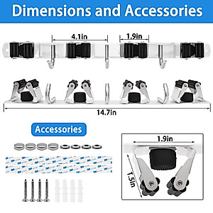 YUBYFA 2 Pack Mop Broom Holder Wall Mount self adhesive, Heavy Duty Stainless Steel with 4 Racks with 3 Hooks,14.7" L x 1.5" H,making Tools Organized and Within Reach(Black)