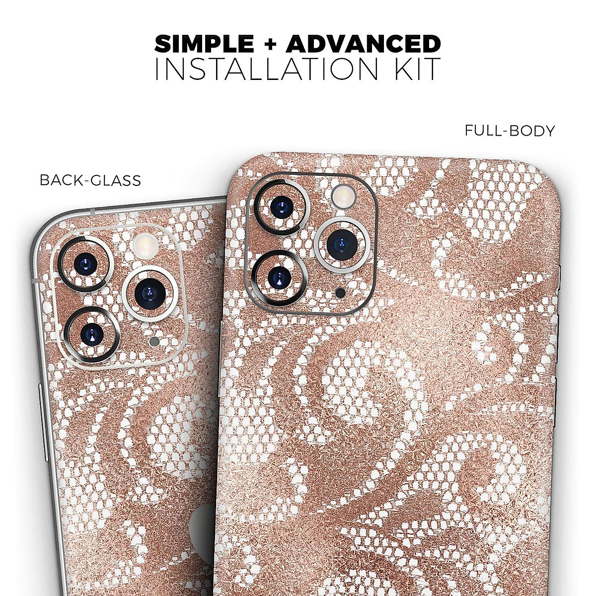 Design Skinz Rose Gold Lace Pattern 14 - DesignSkinz Protective Vinyl Decal Wrap Skin Cover Compatible with The Apple iPhone 12 Pro (Full-Body, Screen Trim & Back Glass Skin)