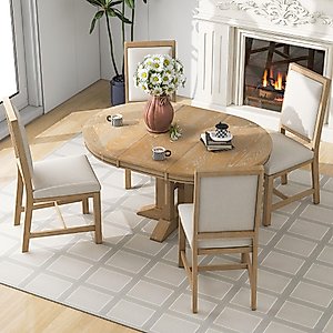 LUMISOL Extendable Round Dining Table Set with Chairs for 4-6 Persons Solid Wood 5 Piece Kitchen Dining Room Table Set for Saving Space, Natural Wood Wash