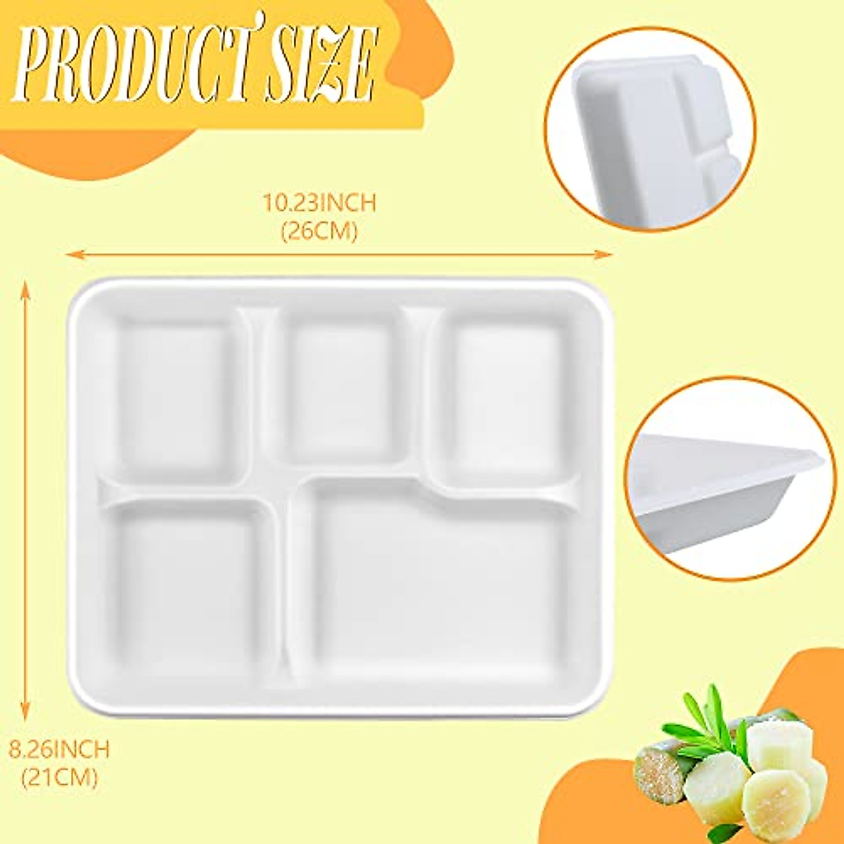 Vmiapxo 50 Pack Natural Bagasse Fiber Paper Food Trays,10"x 8",5 Compartment Dinner Tray School Lunch Divided Paper Plates Holders Buffet Party Serving Supplies (White)