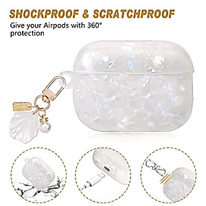 Cute AirPod Pro 2 Case with Shell Pearl Keychain Bling Marble Design Hard TPU Cover Compatible with AirPods Pro 2nd Generation 2022 Case for Women and Girls