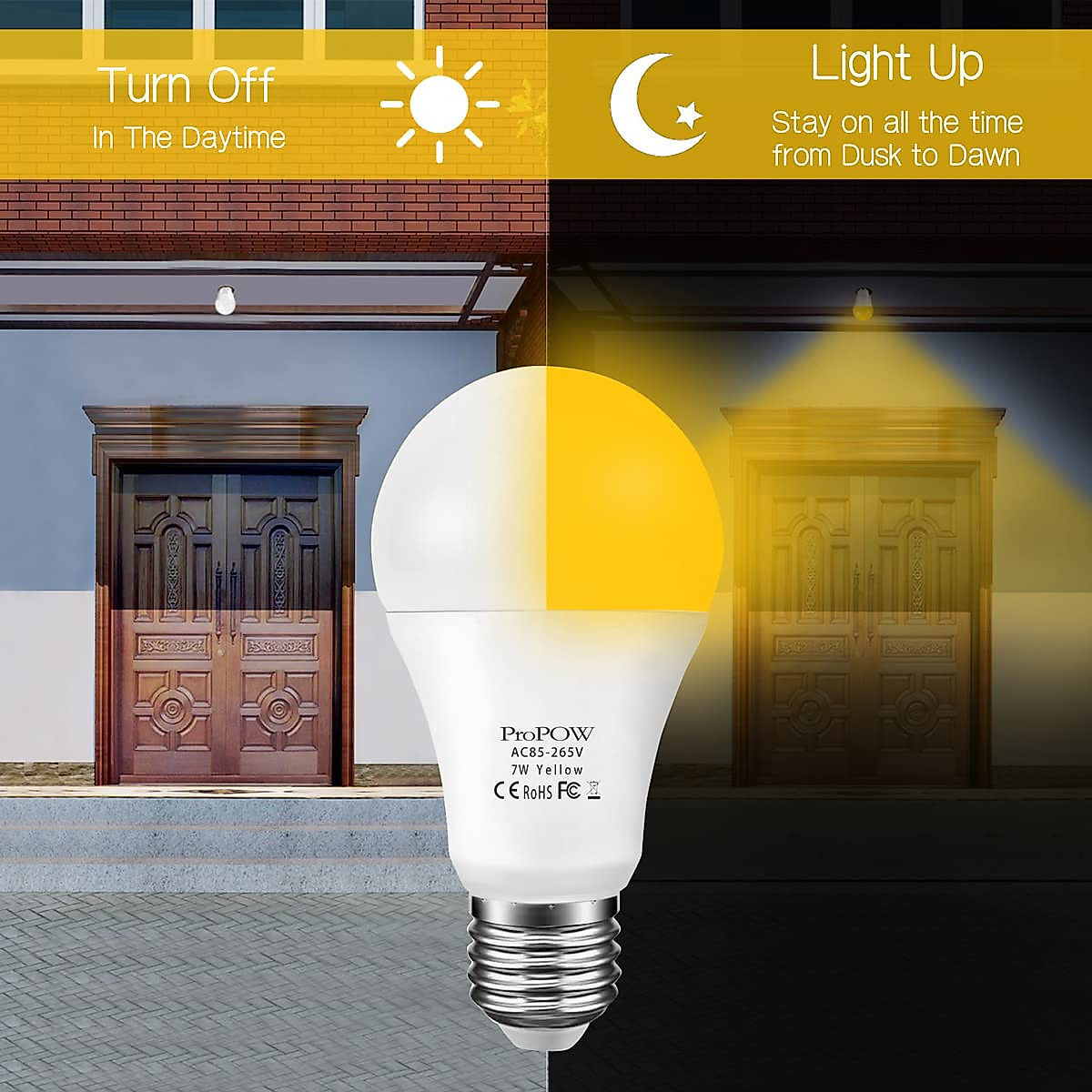 ProPOW Amber Yellow LED Light Bulb, 7W Dusk to Dawn Bulbs 40W Equivalent A19 Auto on/Off LED Bulbs Outdoor Lights 580 Lumens Porch Lights(Non-Dimmable,E26,2200K,2 Pack)