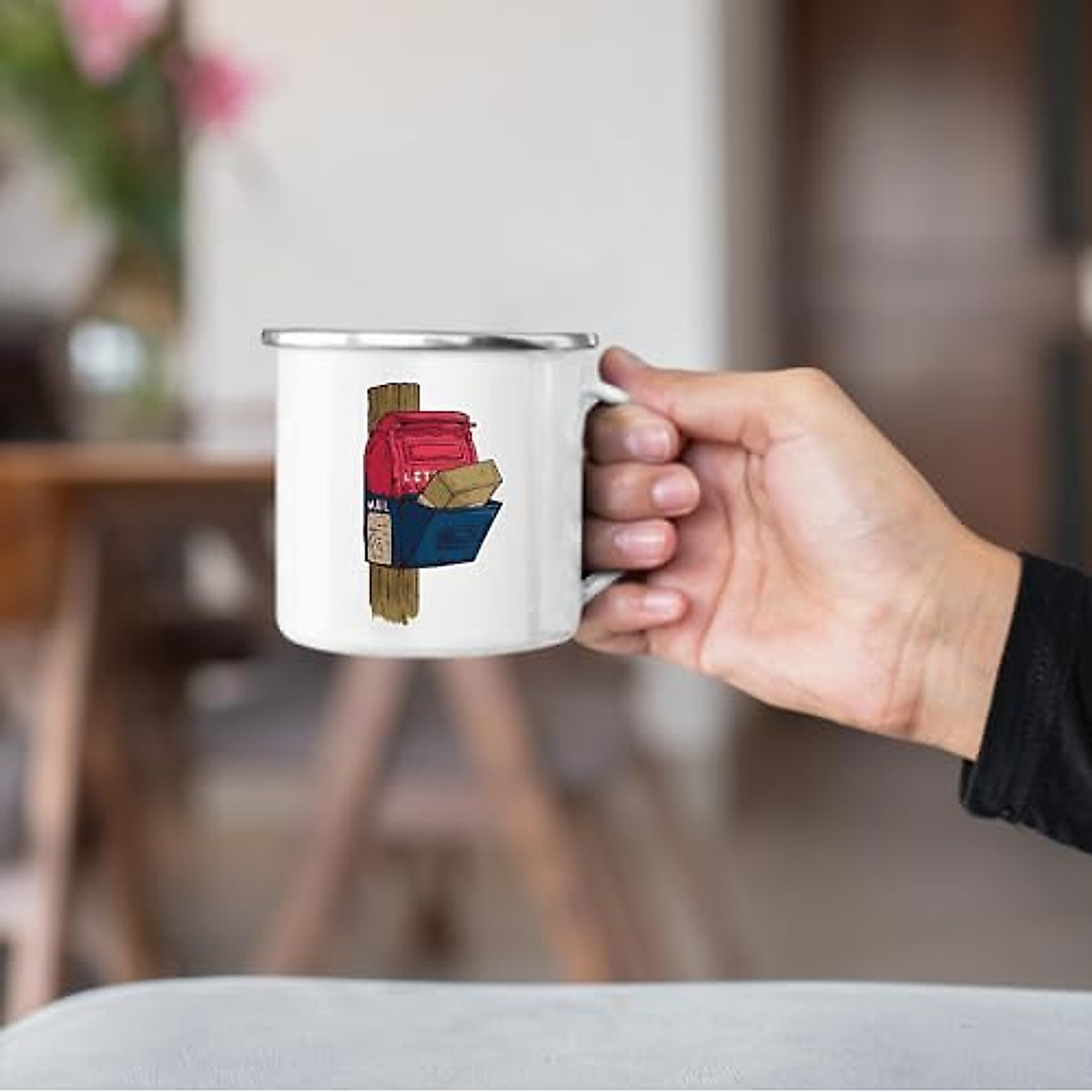 Unique Gift Idea Vintage Mailbox with Package Inside Enthusiasts 12oz Enamel Silver Mug