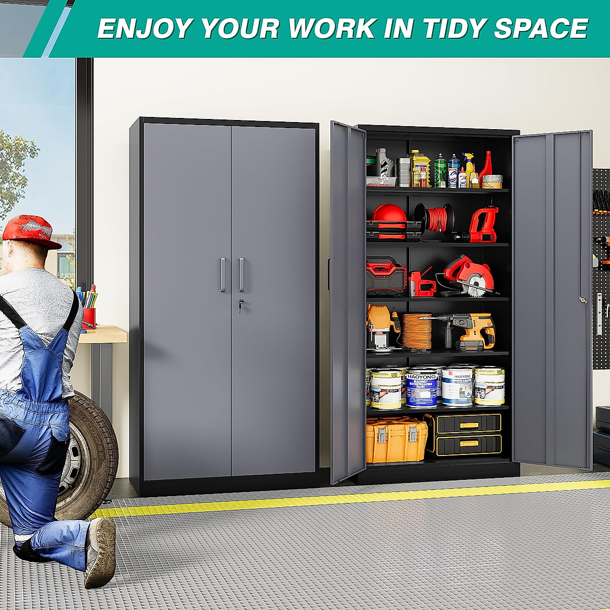 SISESOL Metal Storage Cabinet with 5 Adjustable Shelves,Garage Storage Cabinet with Lock,Metal Cabinets with Locking Doors,71" Lockable Tool Cabinets for Home,Office,Shop,Garage