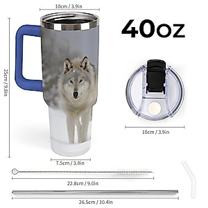40 Oz Vacuum Tumbler with Deep Blue Handle Leakproof Insulated Tumbler Two Wolves Walking in The Snow Stainless Steel Travel Mug with Lid And Straw Coffee Cup Cute Water Bottles Cup Holder Friendly