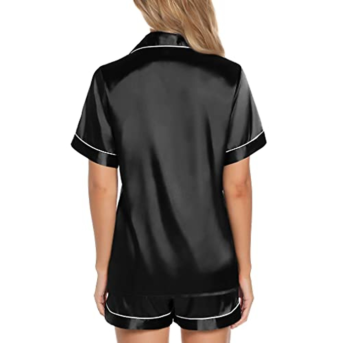 Samring Womens Silk Satin Pajamas Short Sleeve Loungewear Two-Piece Sleepwear Button-Down Pj Set Black L