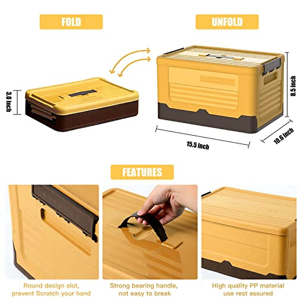 ORIJOYNA Collapsible Storage Bins with Lids 6Gal Folding Plastic Stackable Utility Storage Container Heavy Duty withstand 60 Lbs Multifunctional Storage Box for Grocery,Books,Clothes,Shoes(23L,Yellow)