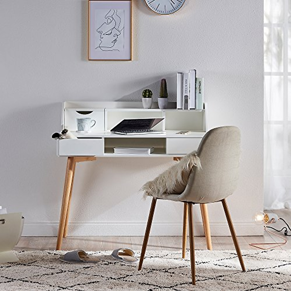 Versanora Creativo White Work Study Table Desk With Storage Drawer Shelf Natural Finish For Living Room Home and Office