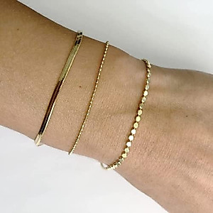 ASCOMY Dainty Gold Bracelets for Women 14K Gold Plated Gold Flat Herringbone Bracelet for Women Girls Cute Dot Link Ball Chain Bracelets Set Adjustable Layered Bracelet Trendy Gold Jewelry Gifts
