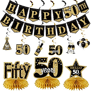 50th Birthday Banner Decorations for Men Women, 10Pcs Happy 50th Birthday Banner Honeycomb Centerpieces Swrils Kit
