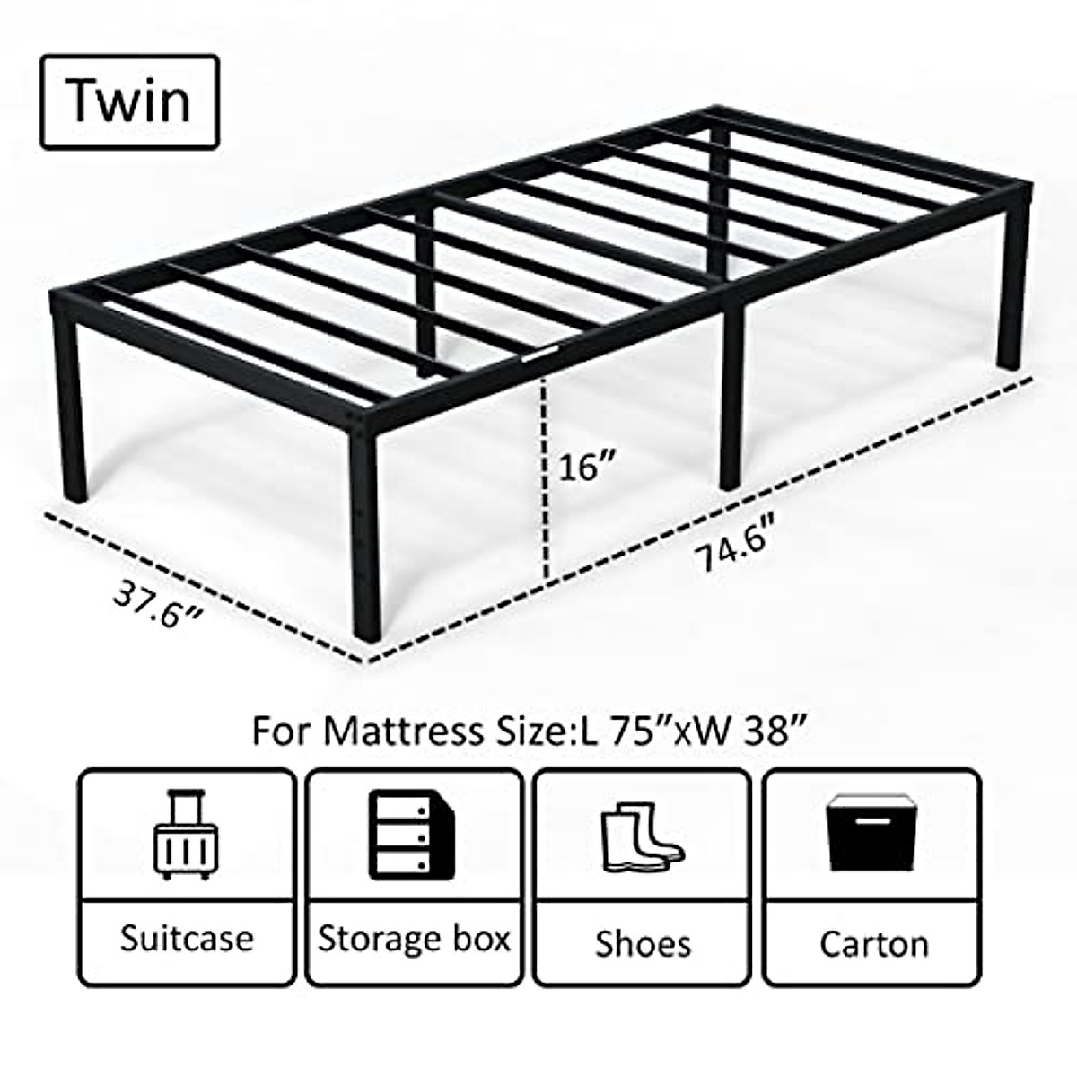 EMODA 16 Inch Heavy Duty Twin Bed Frame, Metal Platform Bed Frames No Box Spring Needed, Noise Free, Easy Assembly, Black