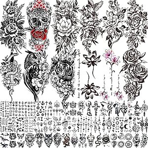 Yezunir 66 Sheets 3D Owl Tiger Flower Temporary Tattoos For Women Girls Arm Sleeve Thigh, Large Skull Lotus Snake Peony Rose Floral Temp Tattoo Sticker Adult, Fake Tattoos That Look Real and Last Long
