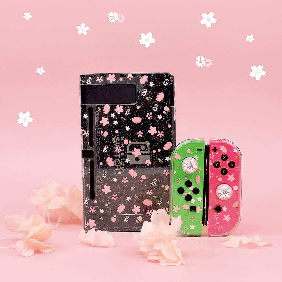 FANPL Glitter Clear Case for Nintendo Switch, Hard Shell Cute Protective Case Cover for Switch and Joy Con Controller with 2 Glitter Cherry Blossoms Thumb Grips - Embossed Feel (Pink Sakura Snow)