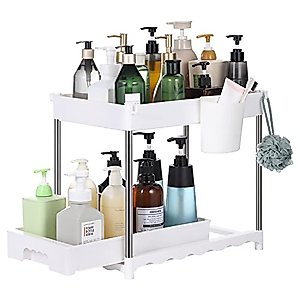 HEOMU Under Sliding Cabinet Basket Organizer, 2 Tier Bathroom Basket Organizer Under Sink Shelf Basket for Kitchen(White)